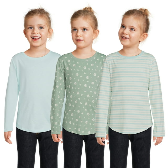 Wonder Nation Girls Kid Tough Tee with Long Sleeves, 3-Pack, Sizes 4-18 ...