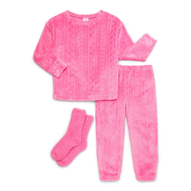 Wonder Nation Girls’ Plush Top, Jogger Pants and Socks Pajama Set, 3 ...