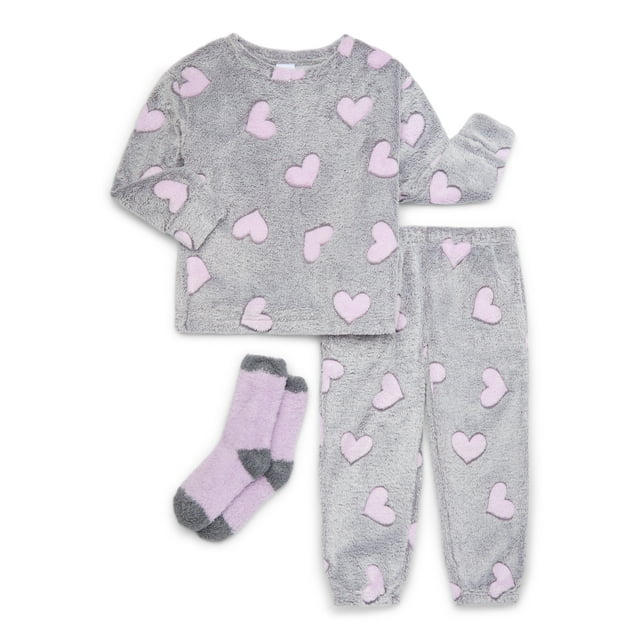 Wonder Nation Girls’ Plush Top, Jogger Pants and Socks Pajama Set, 3 ...