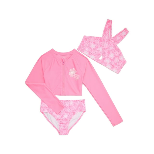 Wonder Nation Girls Long Sleeve Zip-Up Crop Rash Guard with Bikini Top ...