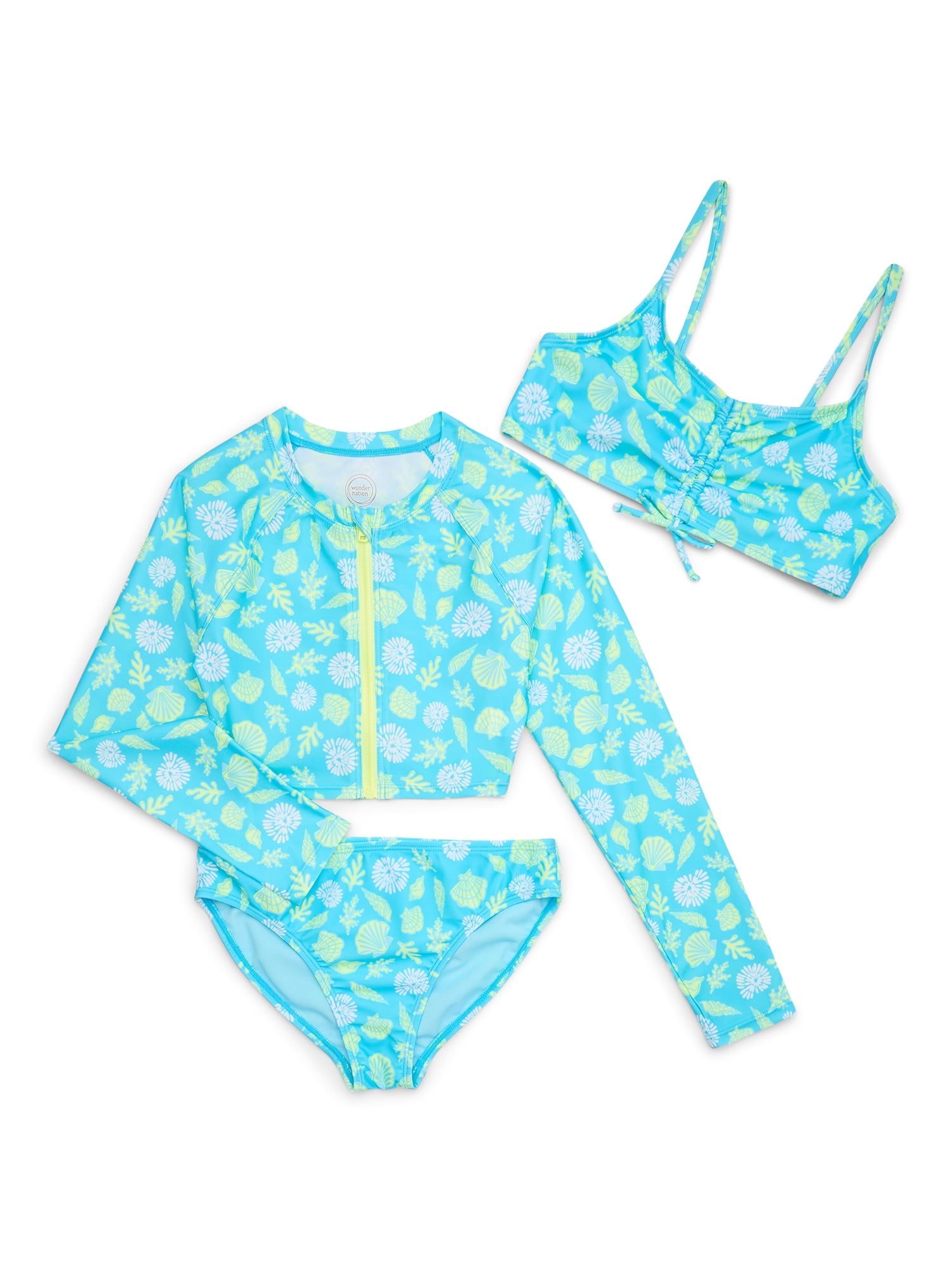 Wonder Nation Girls 3-Piece Long Sleeve Zip-Up Crop Rash Guard Bikini ...