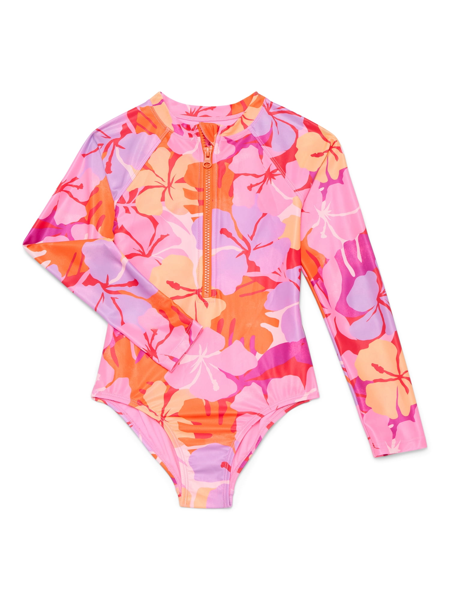 Wonder Nation Girls Zip Up Rash Guard One Piece Swimsuit with Long ...