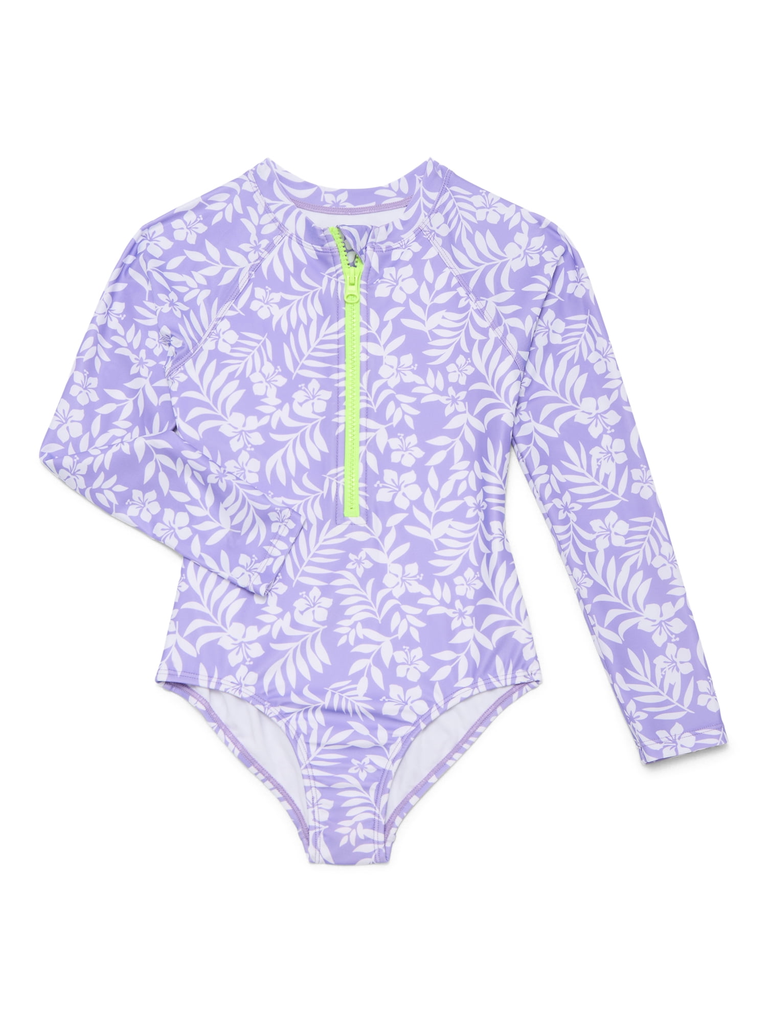 Wonder Nation Girls Zip Up Rash Guard One Piece Swimsuit with Long ...
