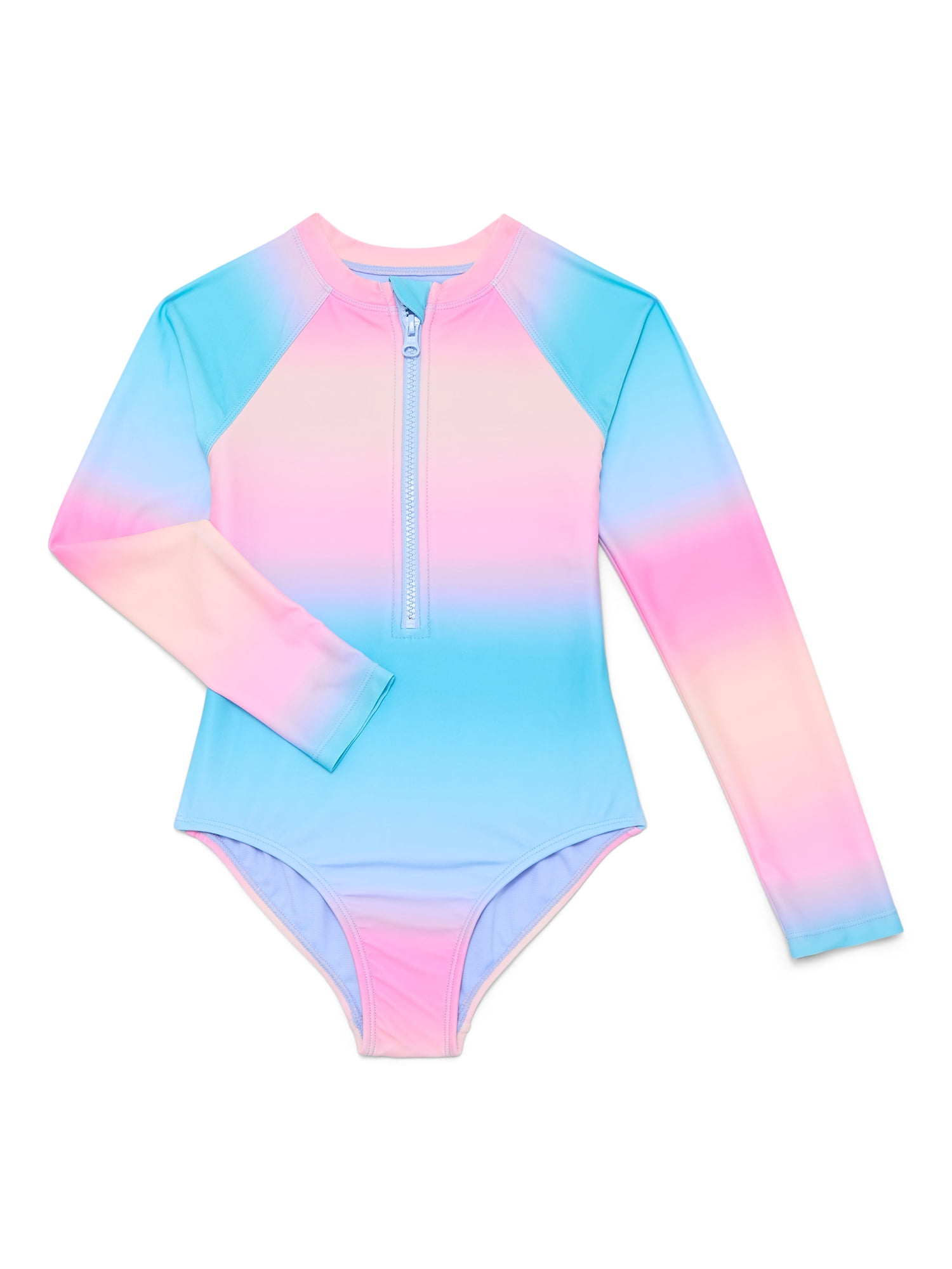 Wonder Nation Girls Zip Up Rash Guard One Piece Swimsuit with Long ...