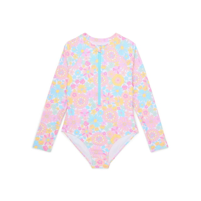 Wonder Nation Girls Long Sleeve Zip-Up Rash Guard One-Piece Swimsuit ...