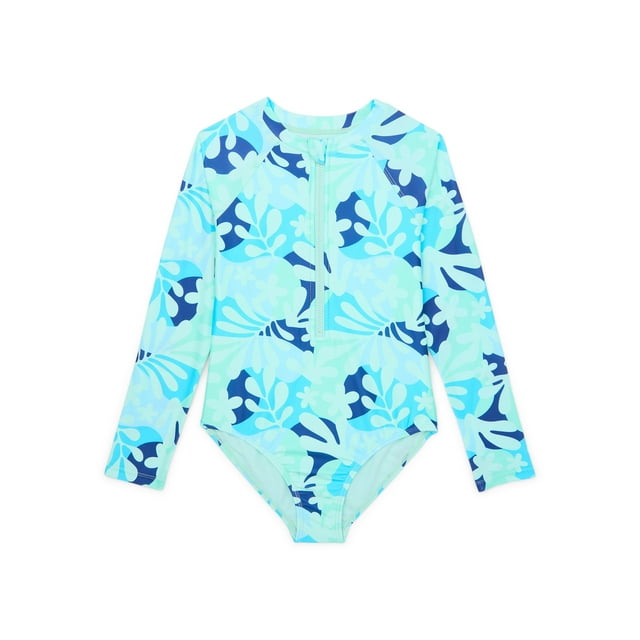 Wonder Nation Girls Long Sleeve Zip-Up Rash Guard One-Piece Swimsuit ...