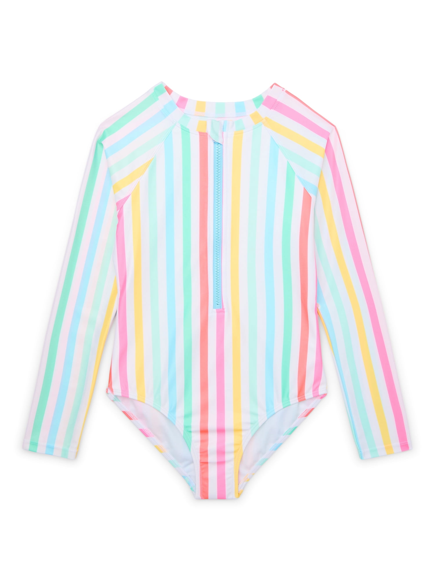 Wonder Nation Girls Printed Zip Rash Guard One-Piece Swimsuit with ...