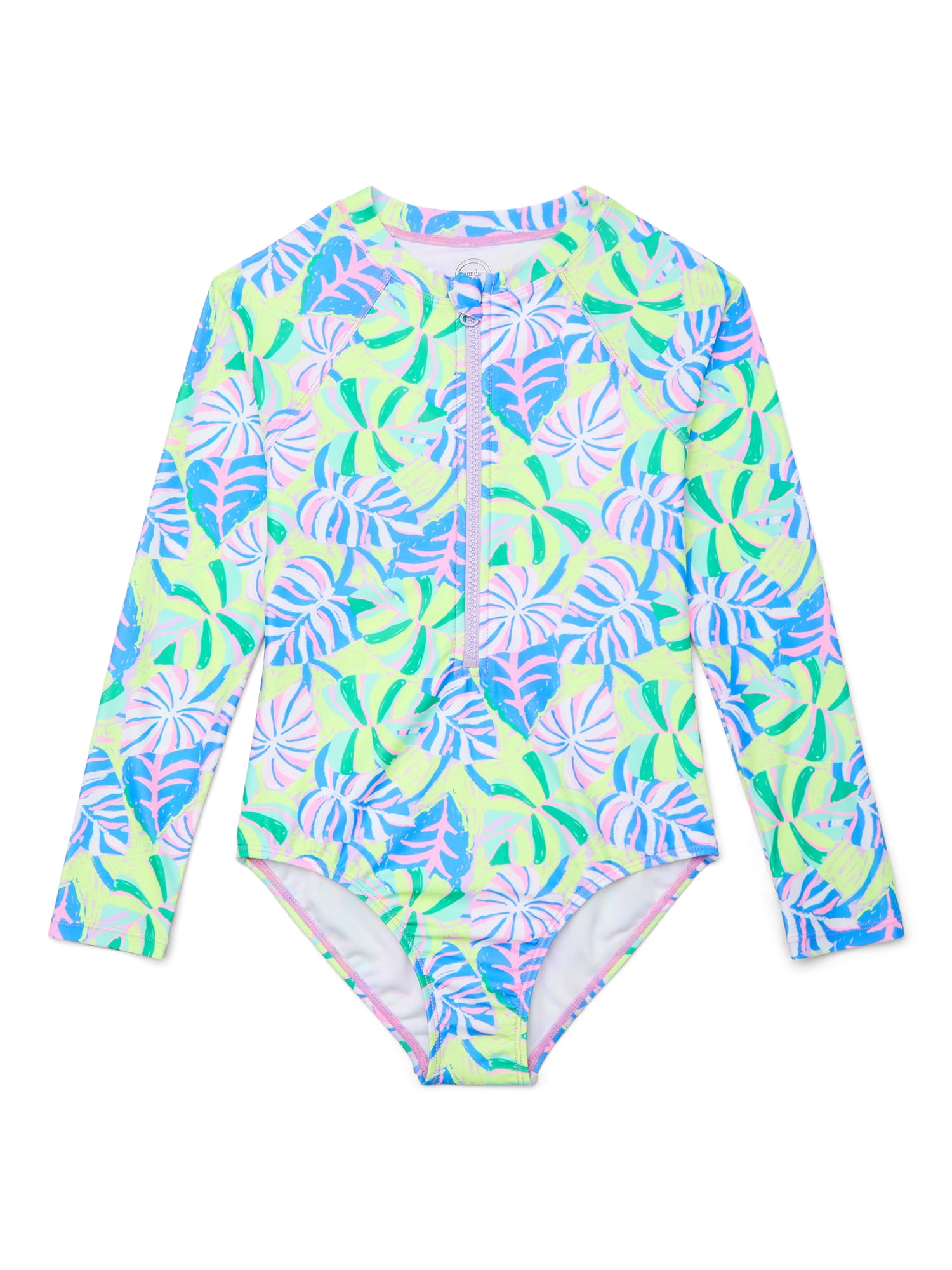 Wonder Nation Girls Long Sleeve Zip-Up Rash Guard One-Piece Swimsuit ...