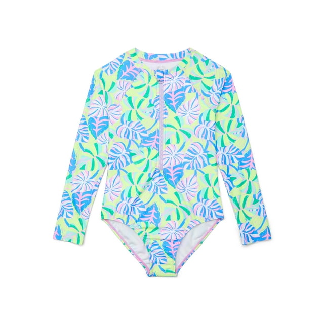 Wonder Nation Girls Long Sleeve Zip-Up Rash Guard Swimsuit, One-Piece ...