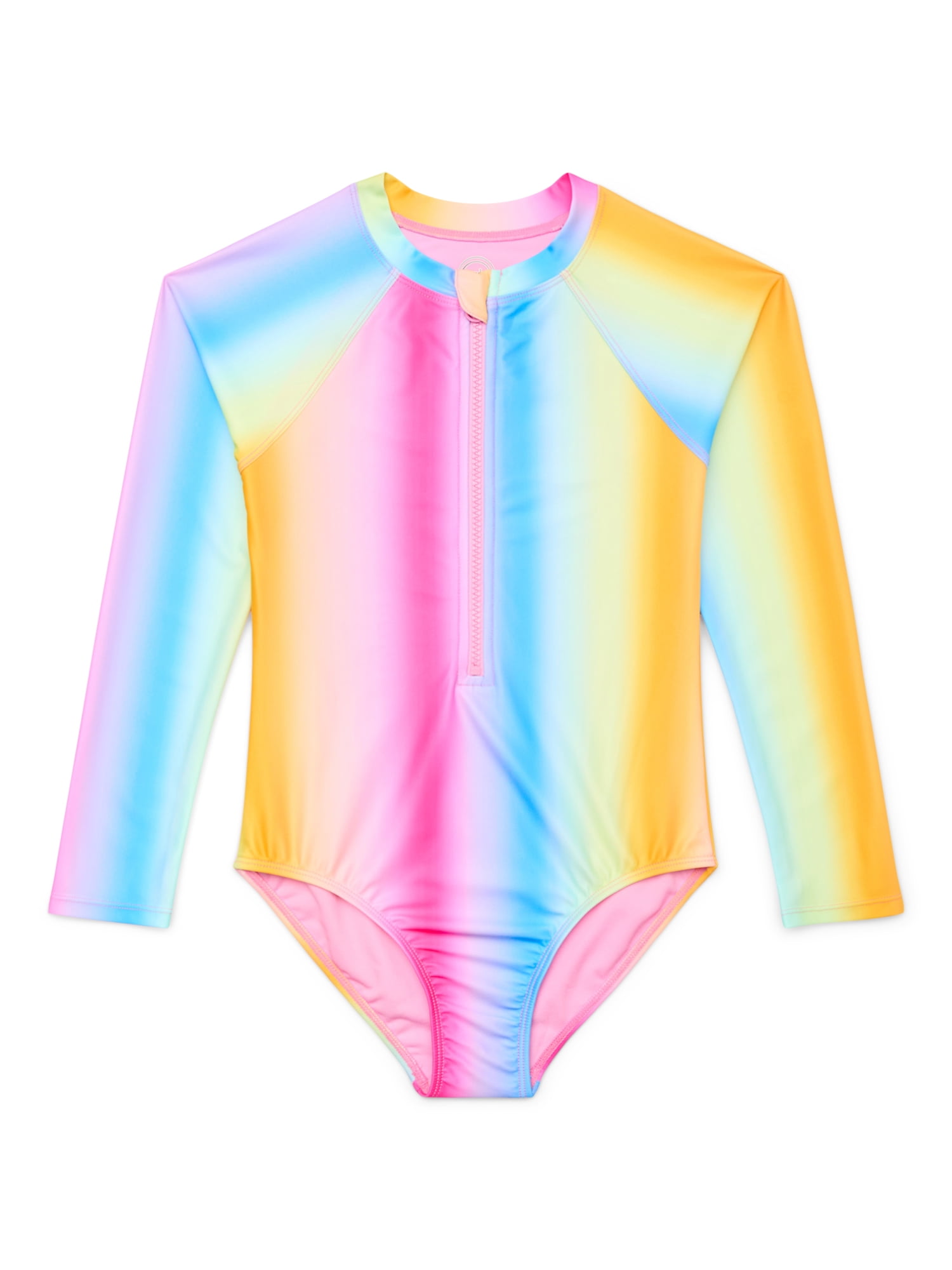 Wonder Nation Girls Long Sleeve Zip-Up Rash Guard One-Piece Swimsuit ...