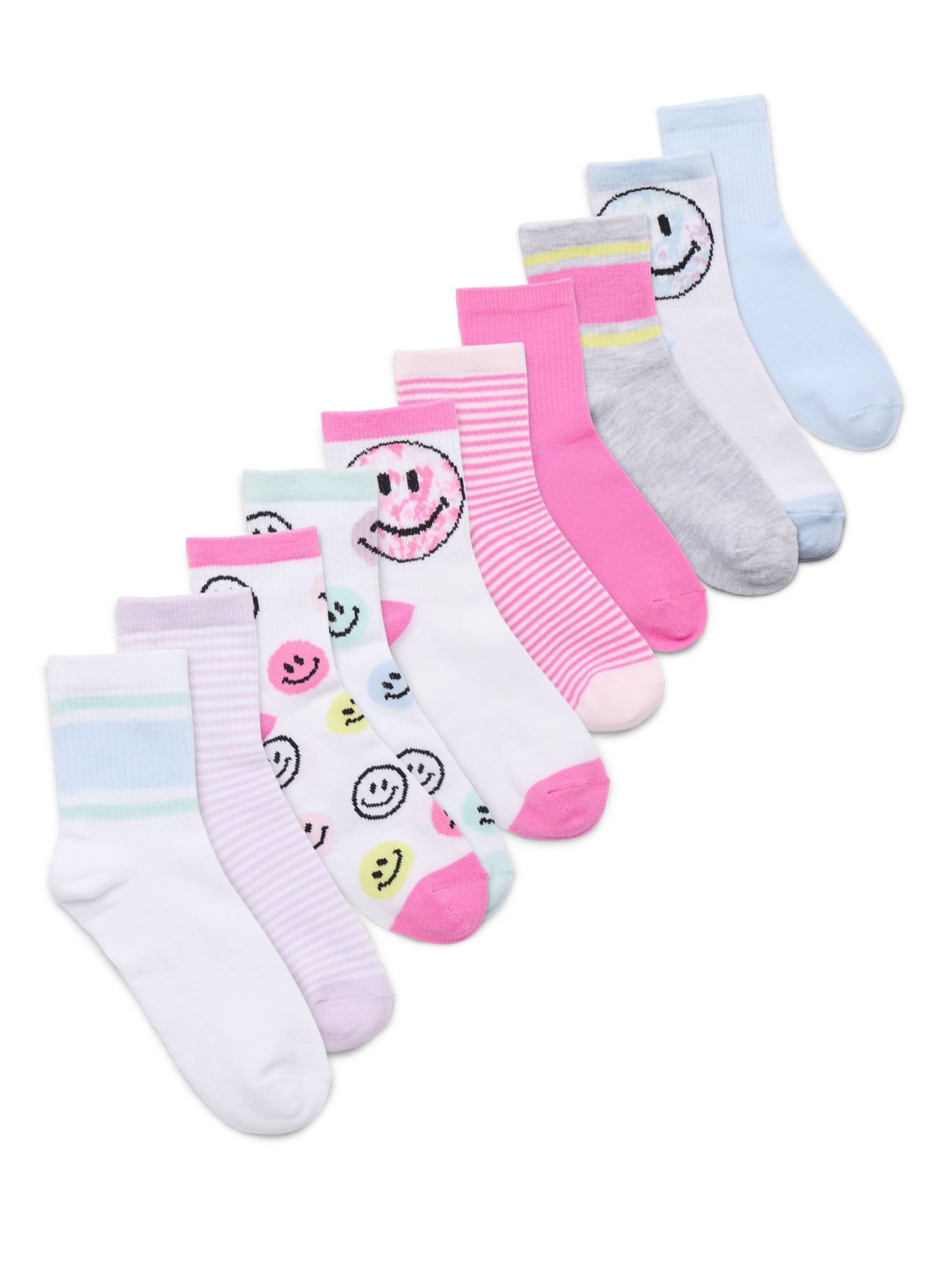 Wonder Nation Girls Mid-Crew Smiley Socks 10-Pack Lightweight ...
