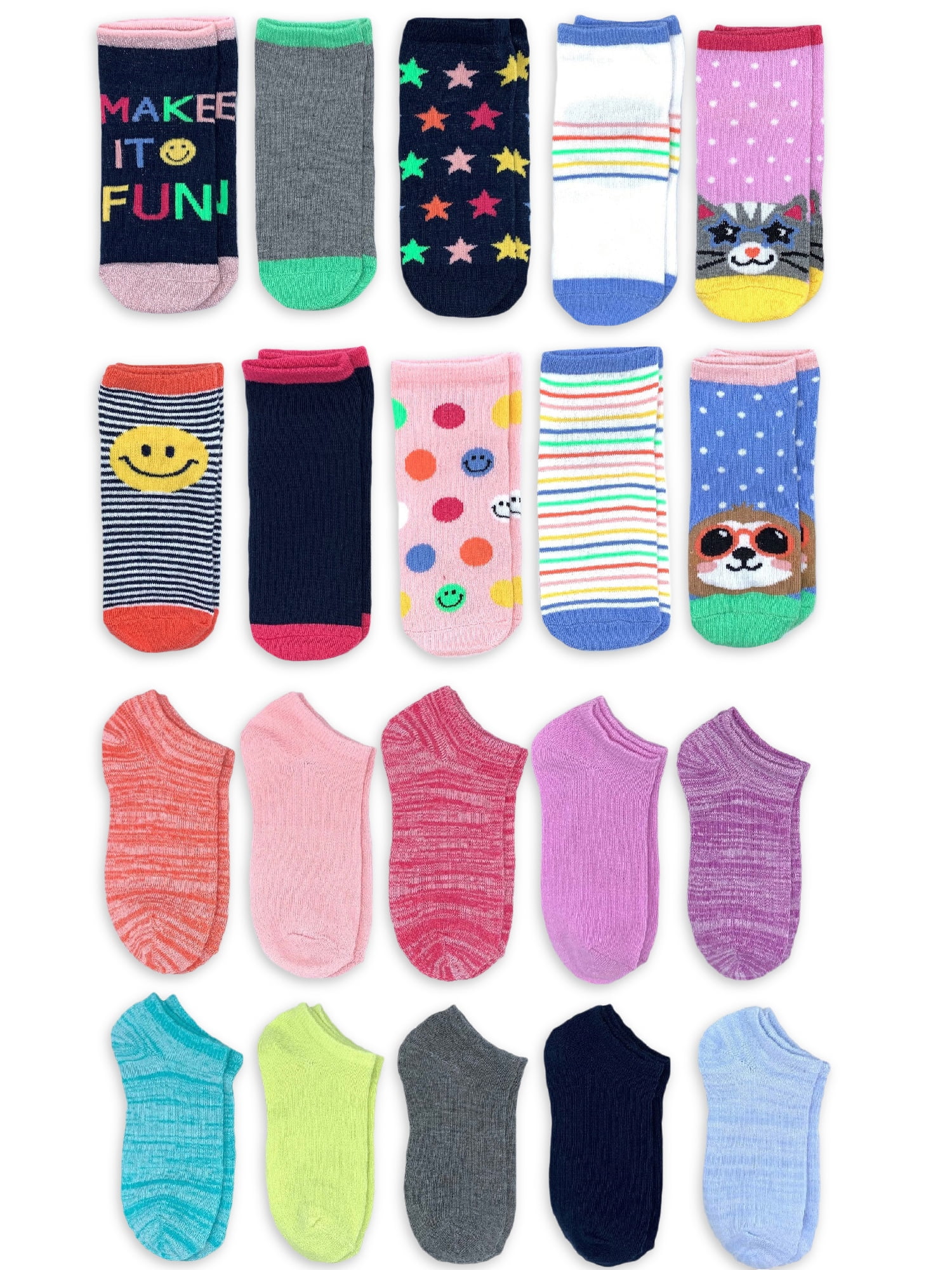Wonder Nation Girls No Show Socks, 20-Pack, Sizes S-L - Walmart.com