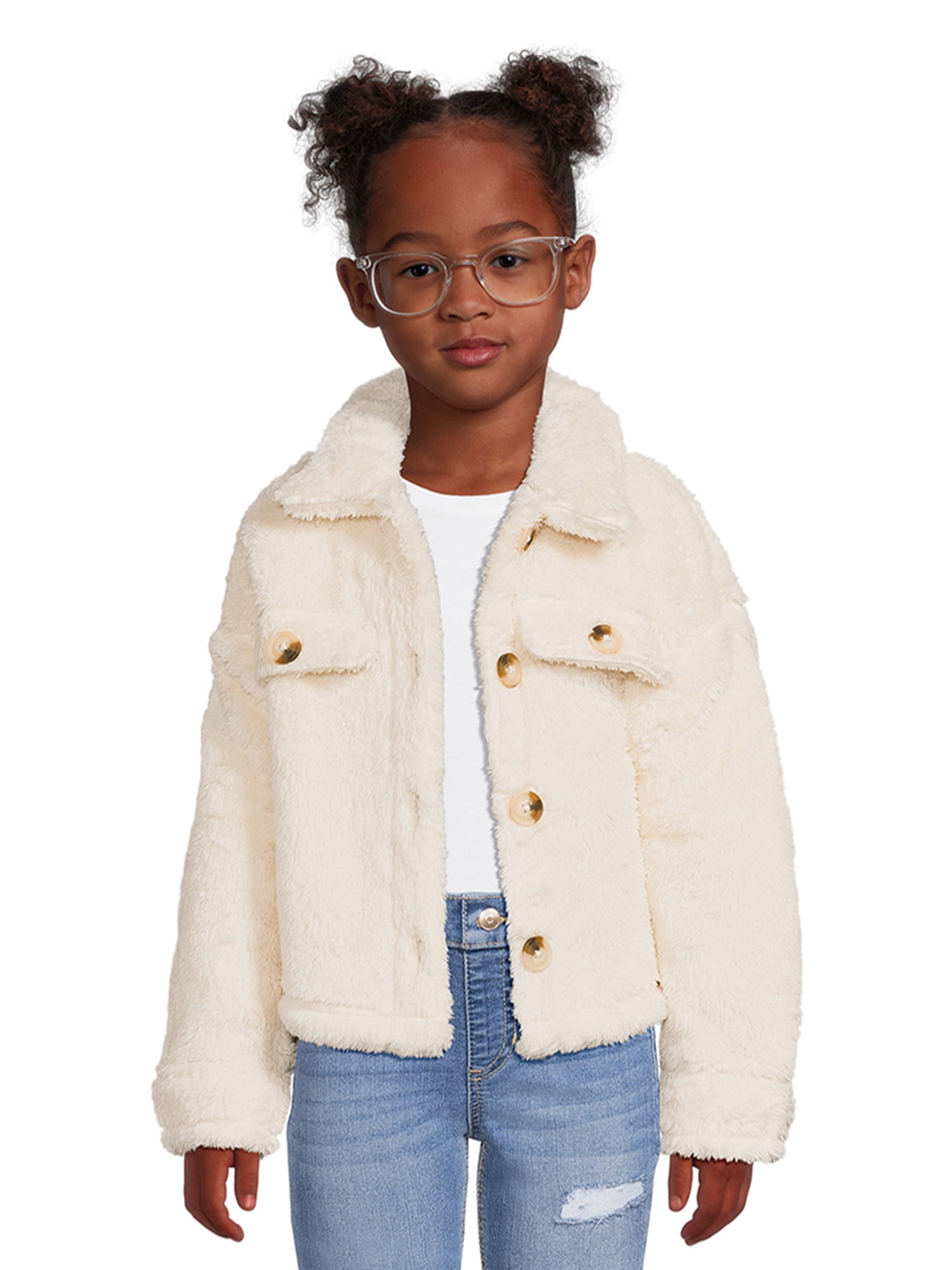 Wonder Nation Girls Plush Teddy Shacket, Faux Sherpa Jacket, Sizes 4-18 ...