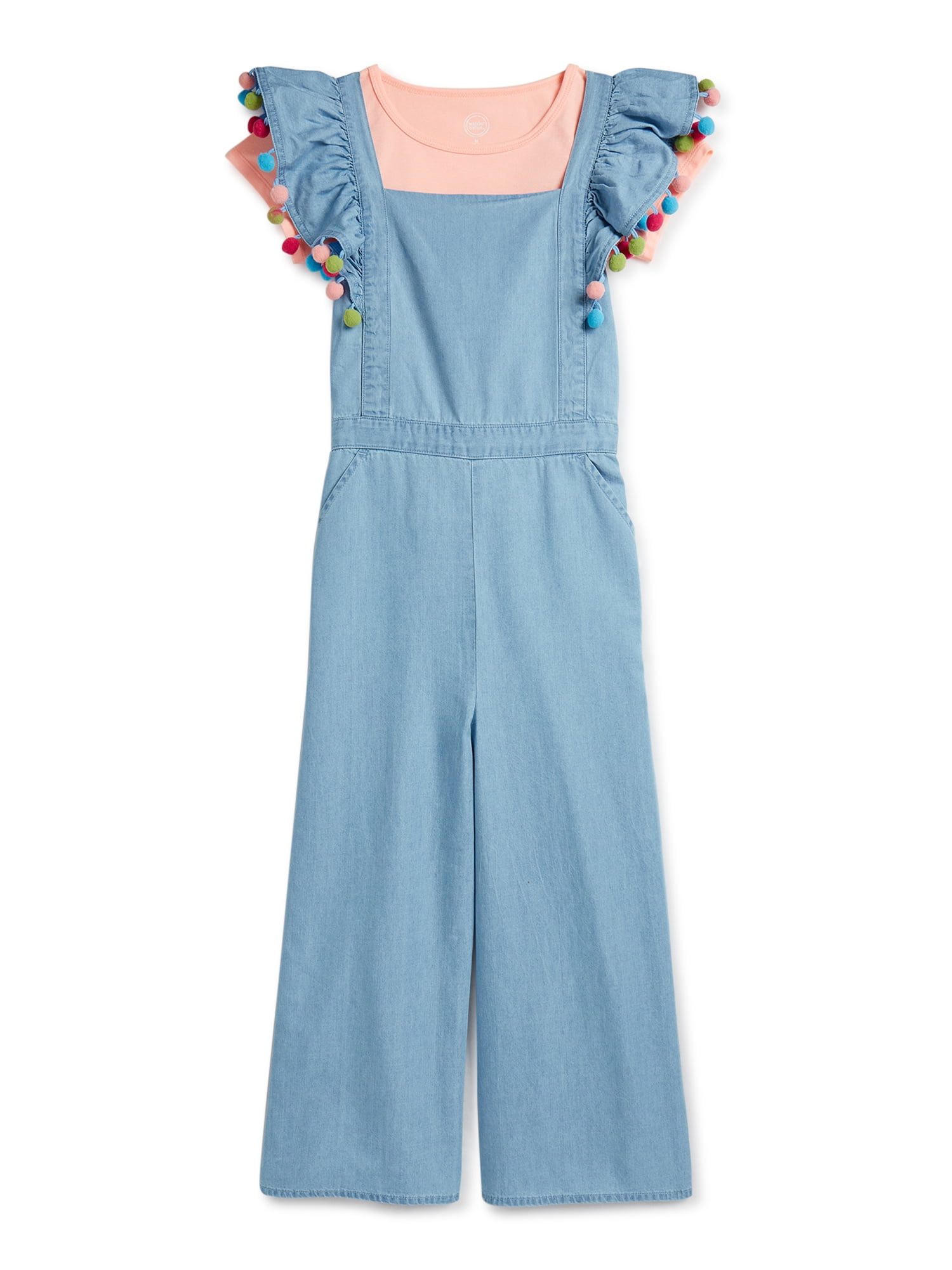 Wonder Nation Girls' Pom Pom Flutter Sleeve Jumpsuit and Top, 2-Piece ...