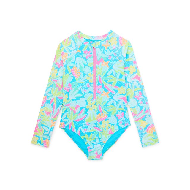 Wonder Nation Girls Printed Zip Rash Guard One-Piece Swimsuit with ...