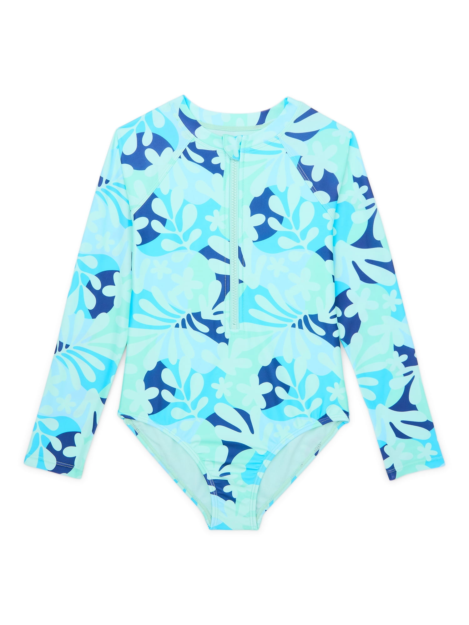Wonder Nation Girls Printed Zip Rash Guard One-Piece Swimsuit with ...