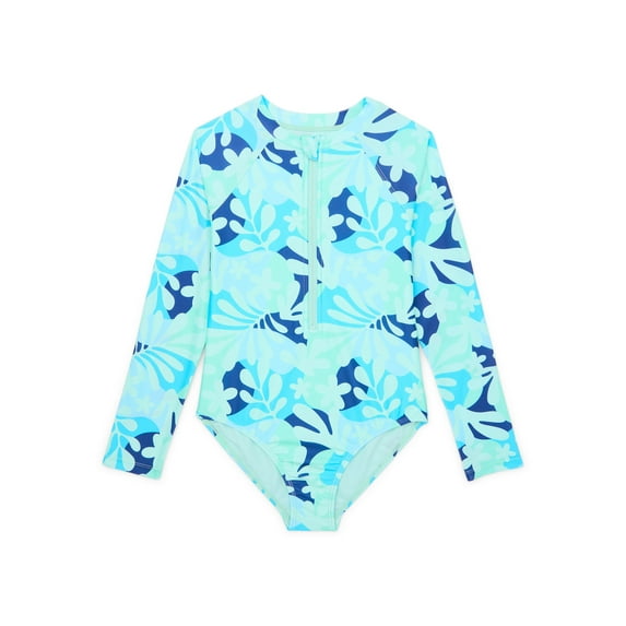 Wonder Nation Girls Printed Zip Rash Guard One-Piece Swimsuit with ...