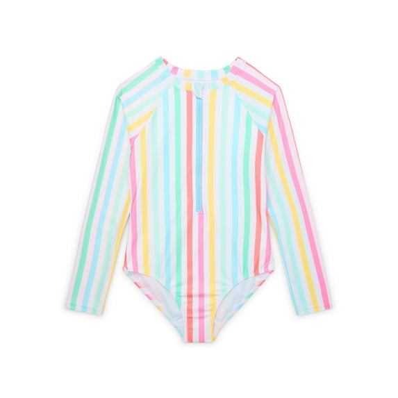 Wonder Nation Girls Printed Zip Rash Guard One-Piece Swimsuit with ...