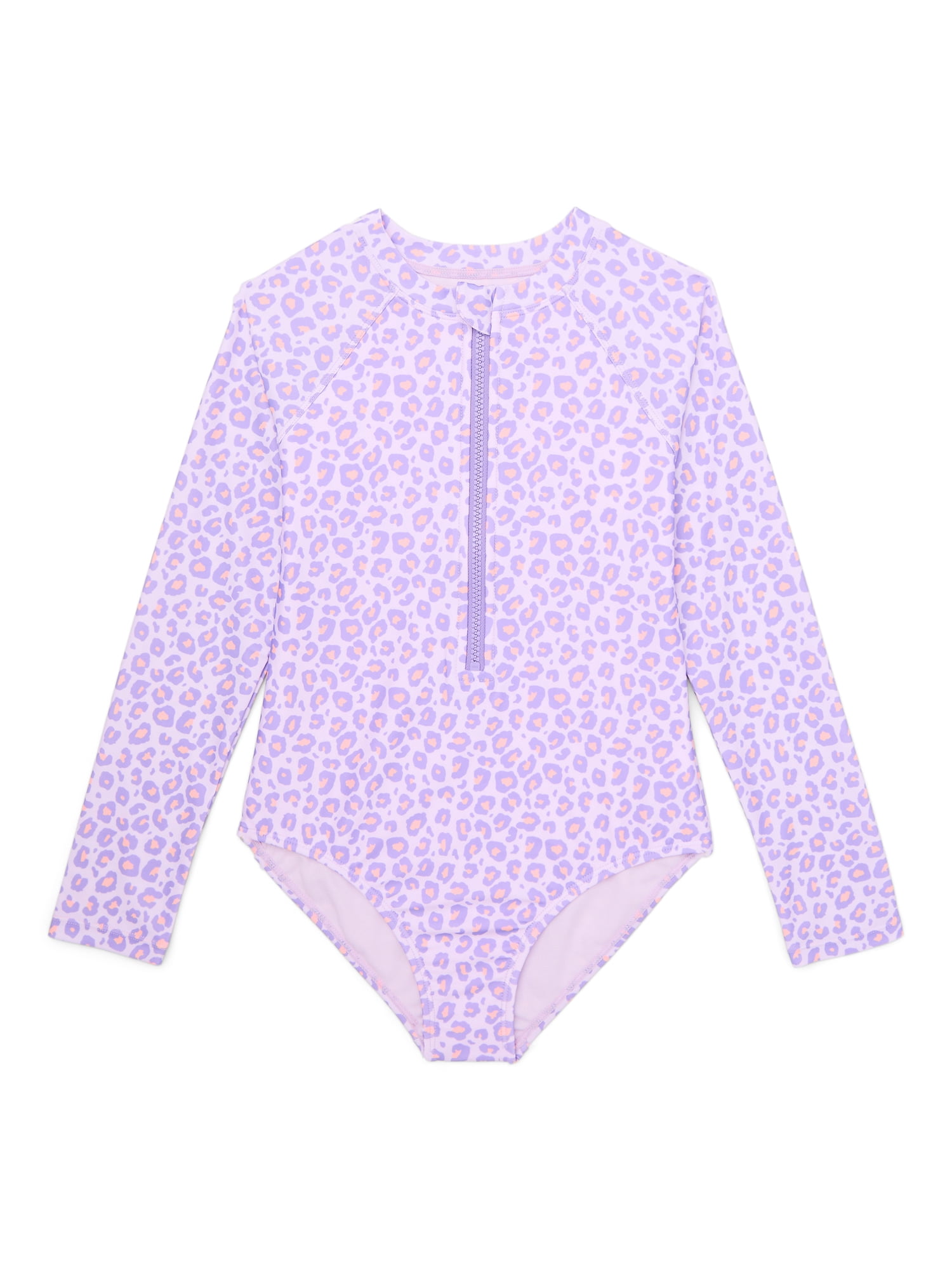 Wonder Nation Girls Printed Zip Rash Guard One-Piece Swimsuit with ...