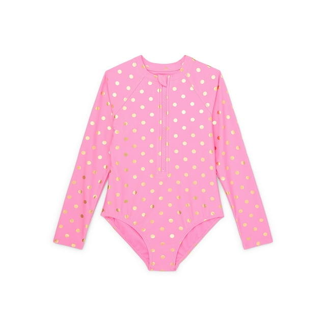 Wonder Nation Girls Printed Zip Rash Guard One-Piece Swimsuit with ...