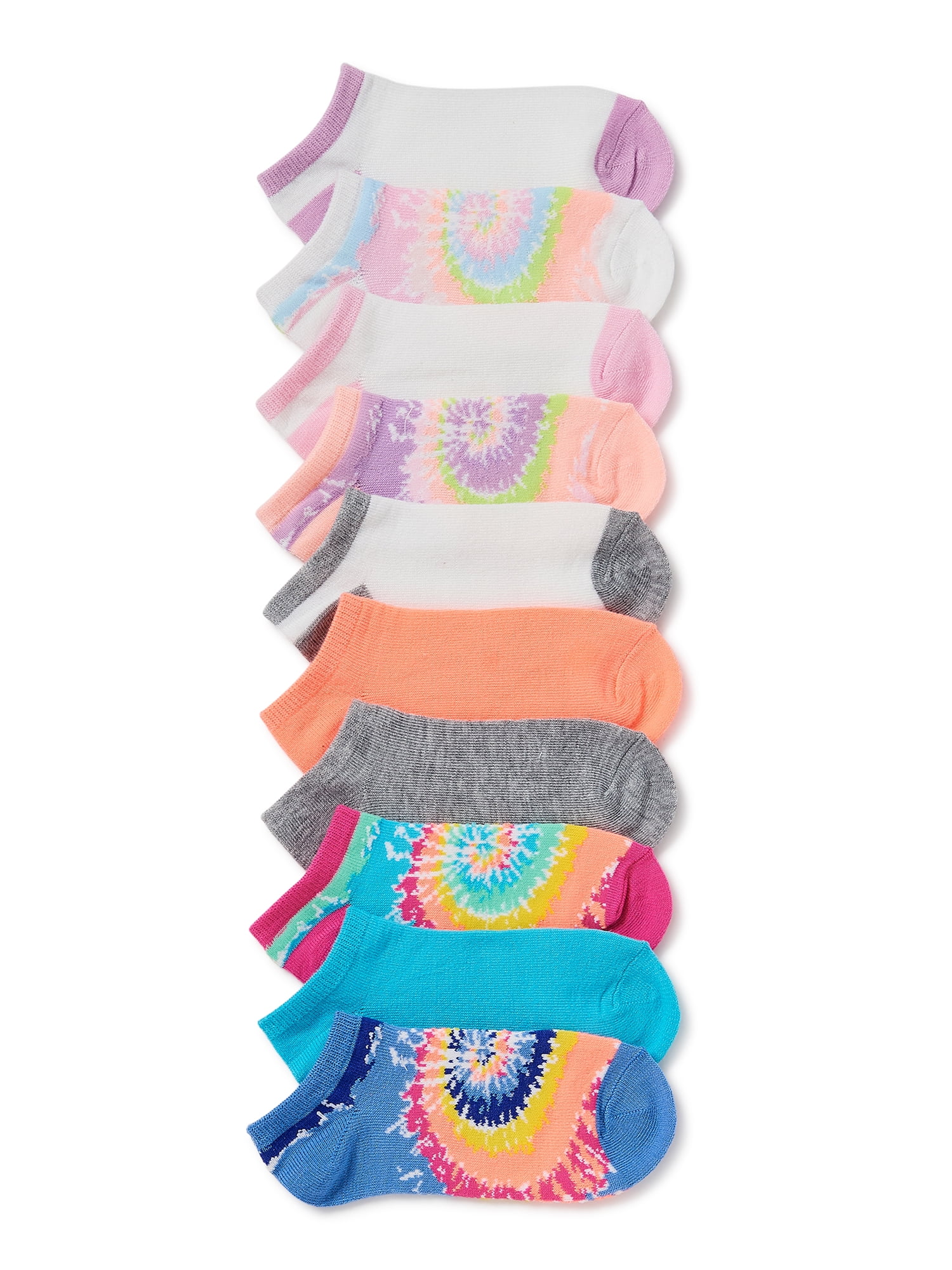 Wonder Nation Girls Rainbow Tie-Dye No-Show Socks, 10-Pack, Sizes S-L ...