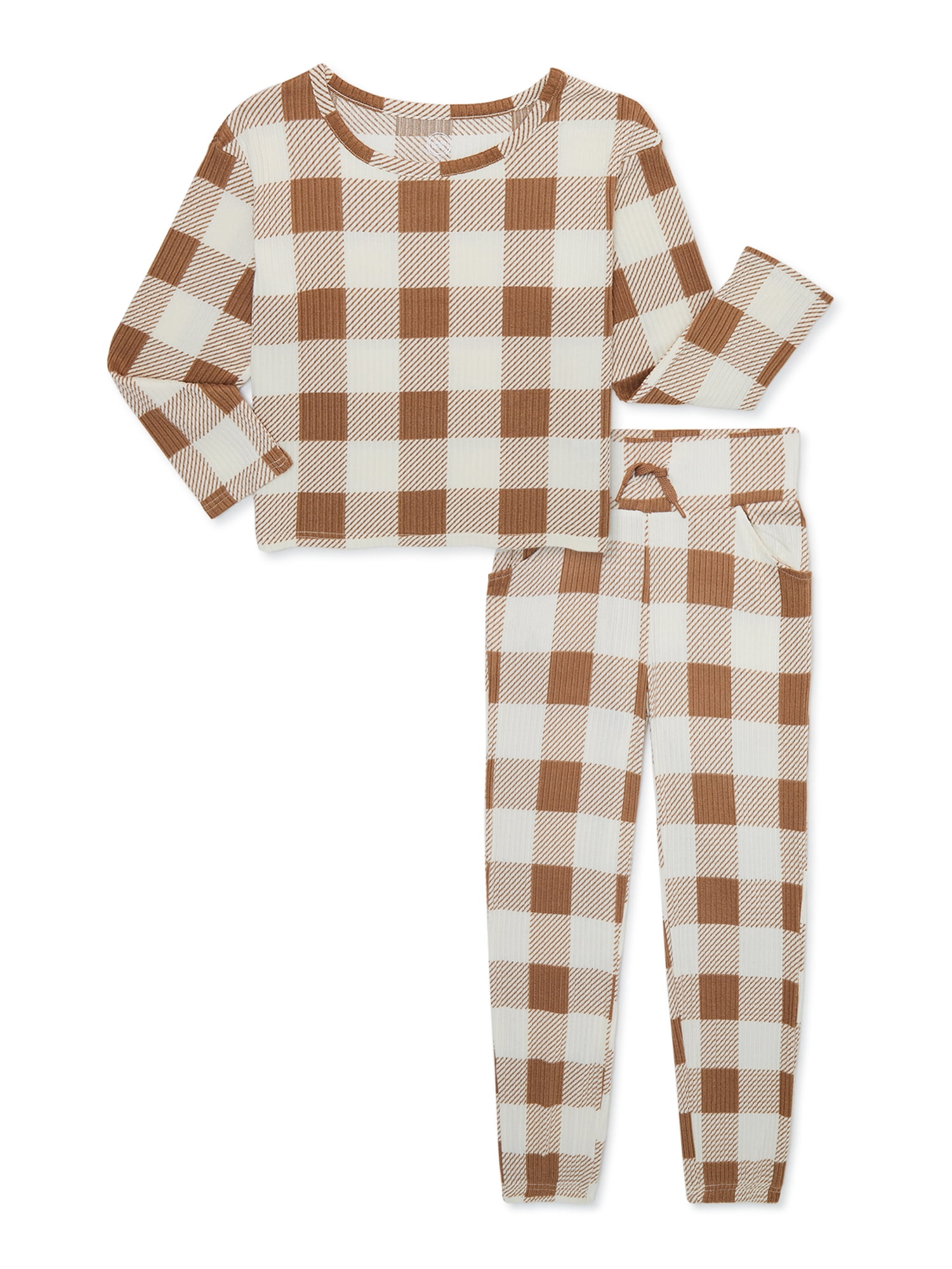 Wonder Nation Girls Ribbed Buffalo Check Pajamas Set with Long Sleeves ...