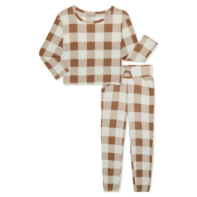 Wonder Nation Girls Ribbed Buffalo Check Pajamas Set with Long Sleeves ...