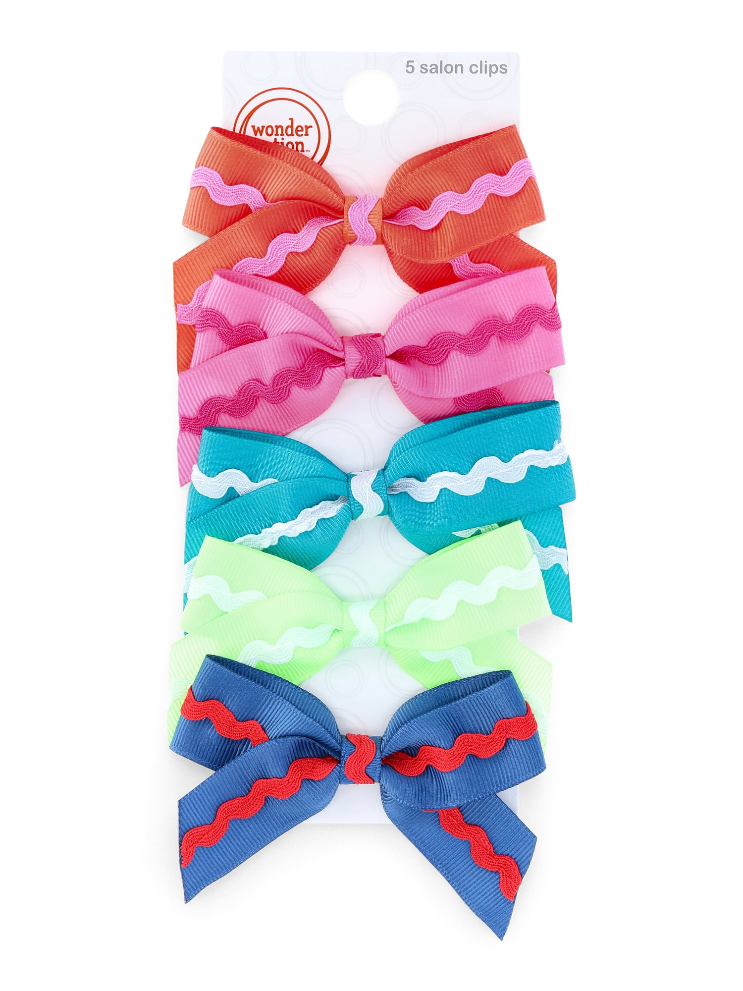 Wonder Nation Girls Ric Rac Salon Bow Hair Clips, 5-Pack, Multi ...