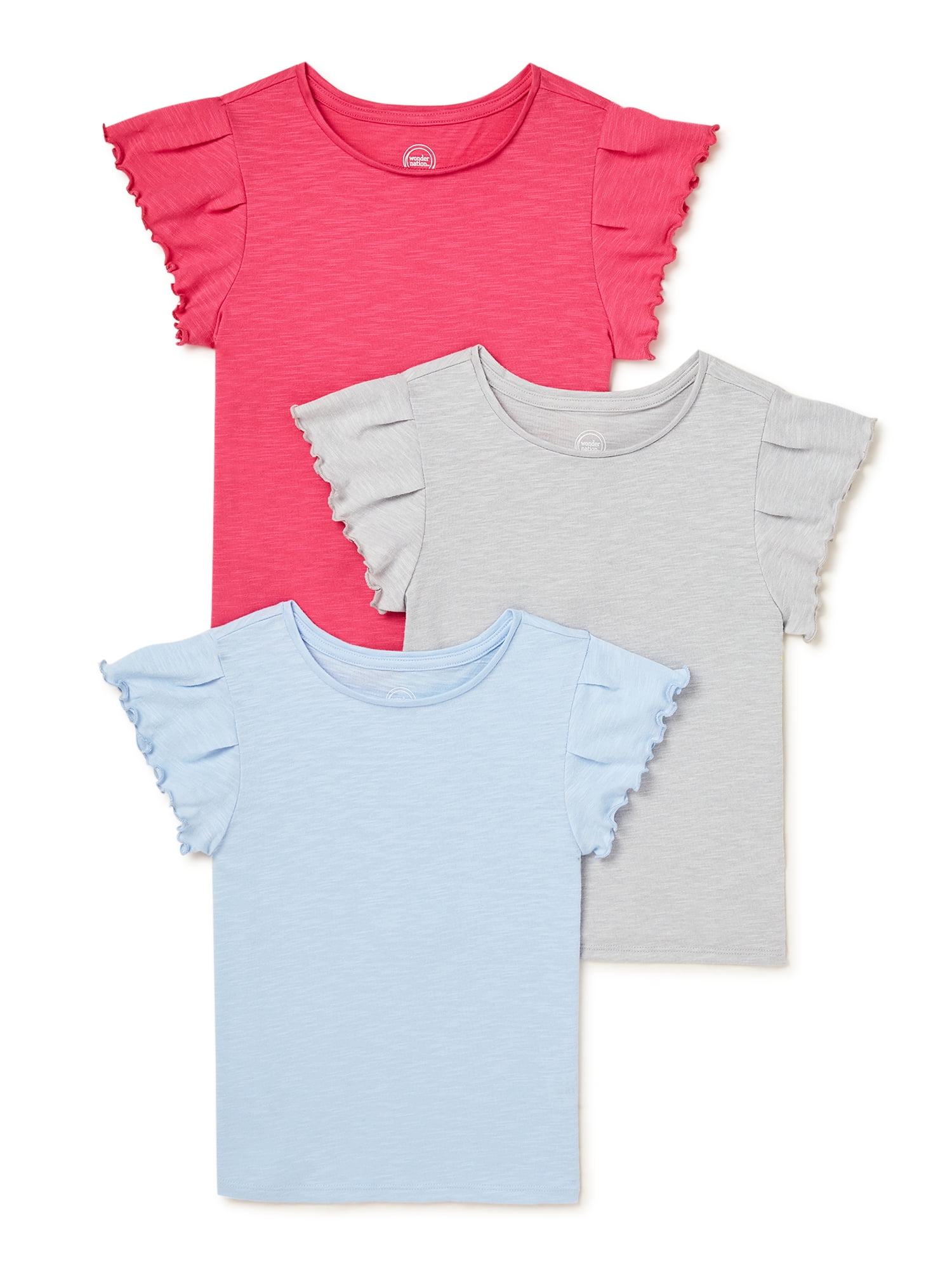 Wonder Nation Girls Ruffle Sleeve Kid Tough Slub T-Shirts, 3-Pack ...