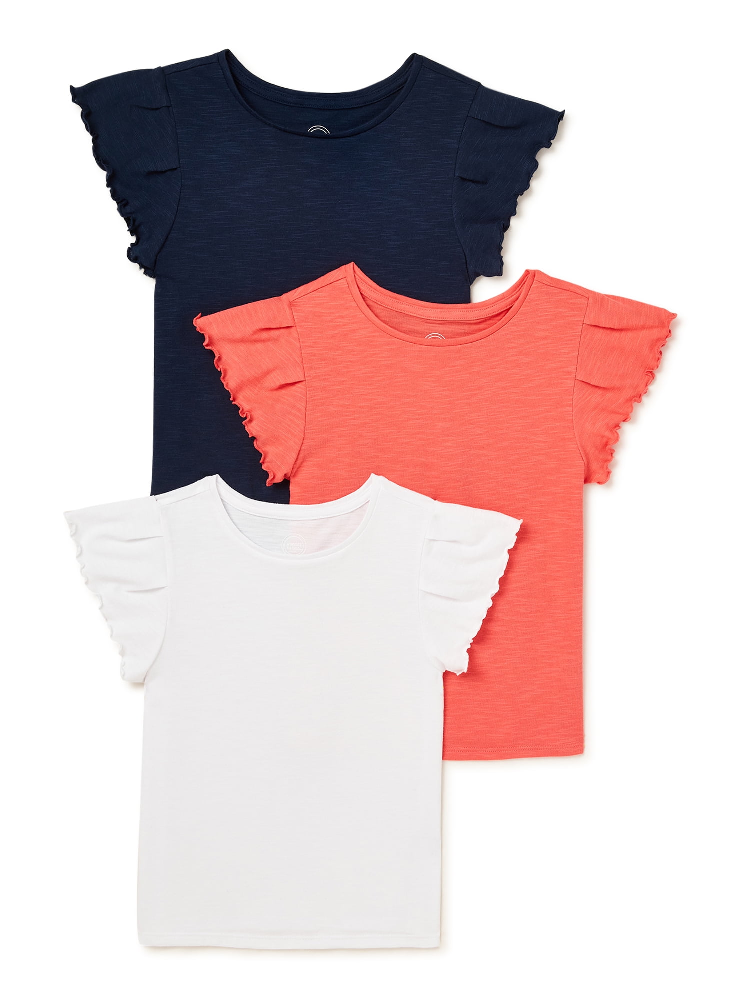 Wonder Nation Girls Ruffle Sleeve Kid Tough Slub T-Shirts, 3-Pack ...