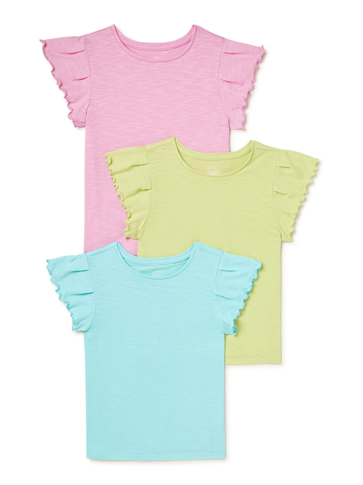 Wonder Nation Girls Ruffle Sleeve Kid Tough Slub T-Shirts, 3-Pack ...