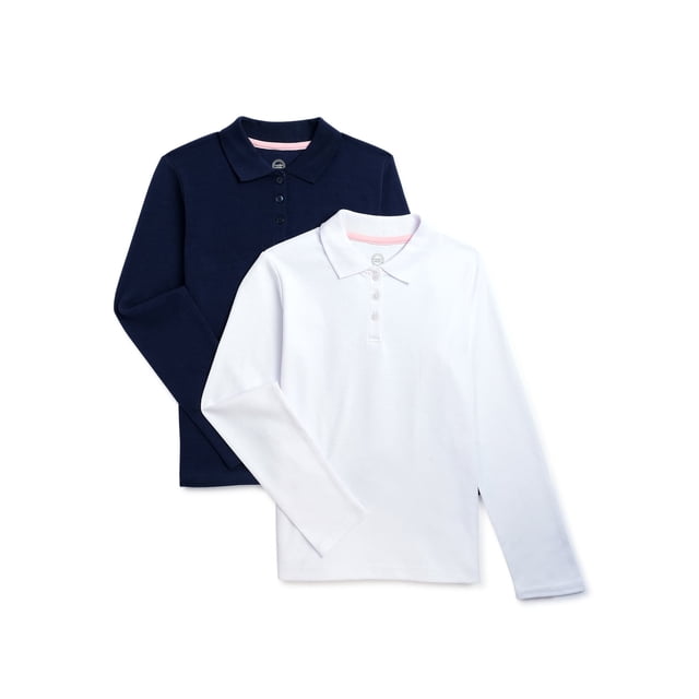 Wonder Nation Girls School Uniform Long Sleeve Interlock Polo Shirt, 2 ...