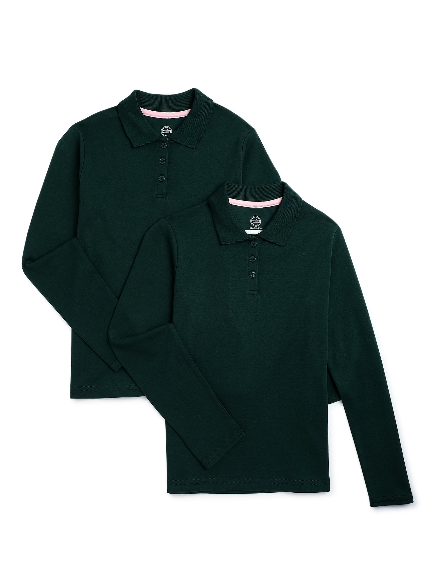 Wonder Nation Girls School Uniform Long Sleeve Interlock Polo Shirt, 2 ...