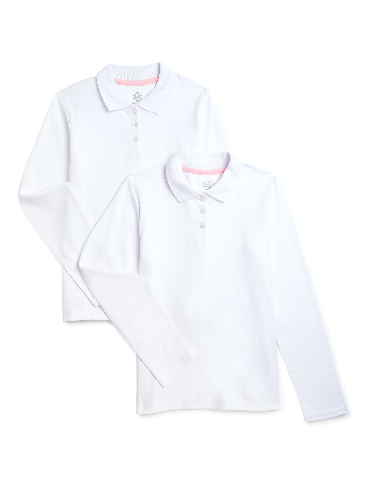 Wonder Nation Girls School Uniform Long Sleeve Interlock Polo Shirt, 2 ...