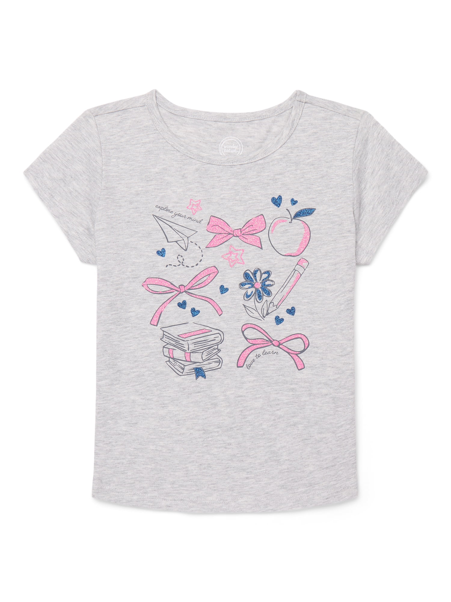 Wonder Nation Girls Embellished Graphic T-Shirt with Glitter Detail ...