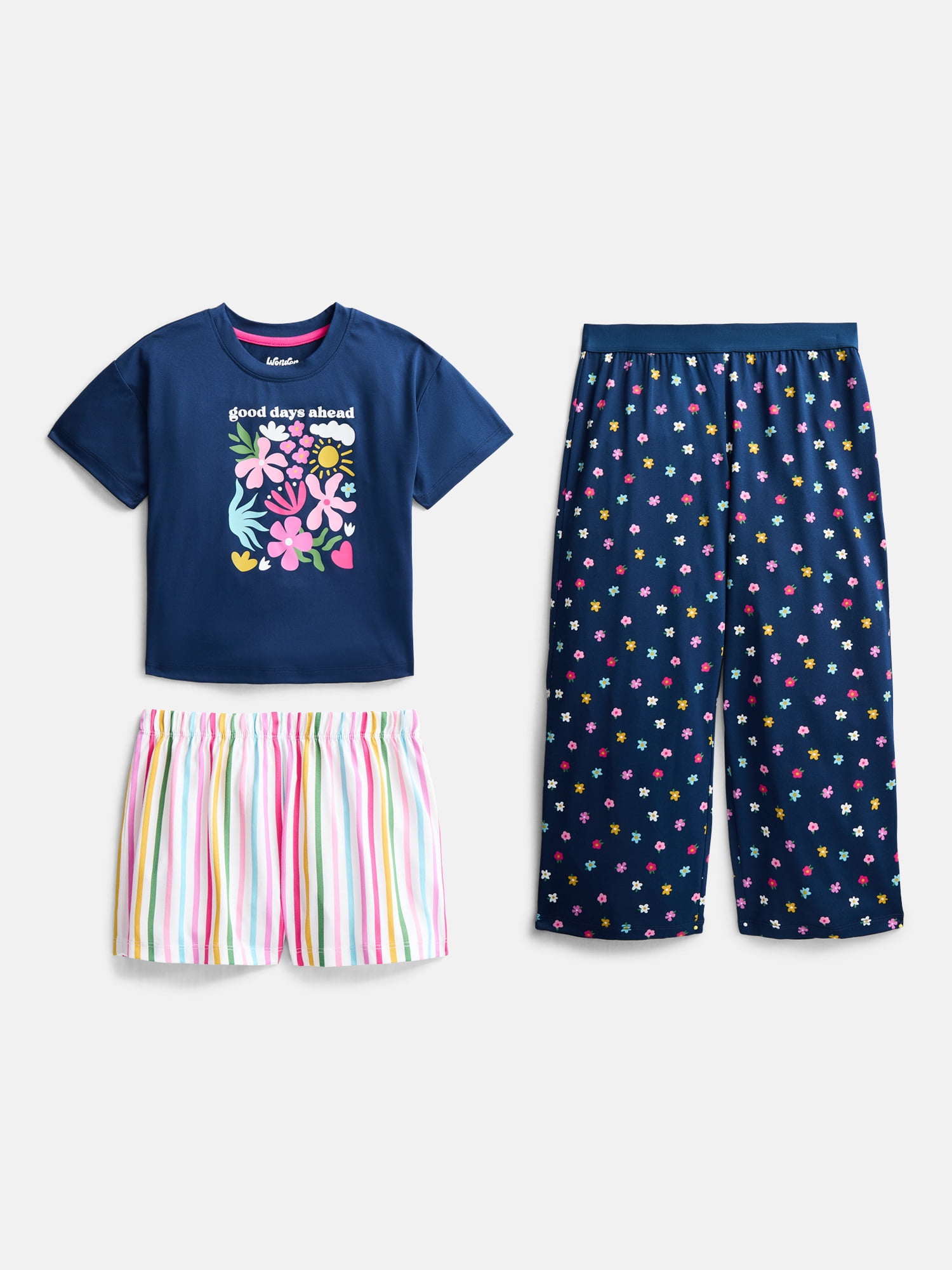 Wonder Nation Girls Graphic Tee with Shorts and Pants Pajama Set, 3 ...