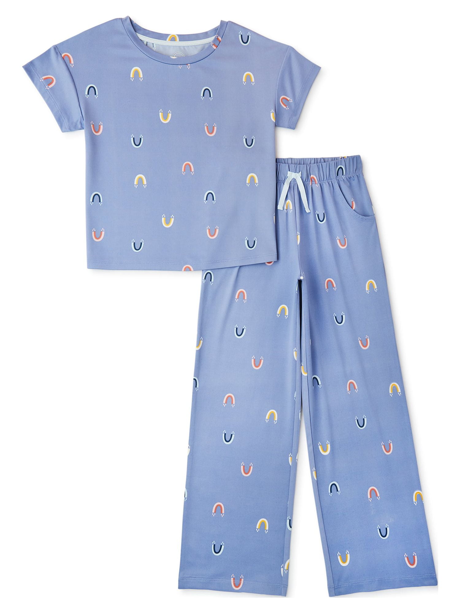 Wonder Nation Girls Short Sleeve Long Wide Leg Pajama Set, 2-Piece ...