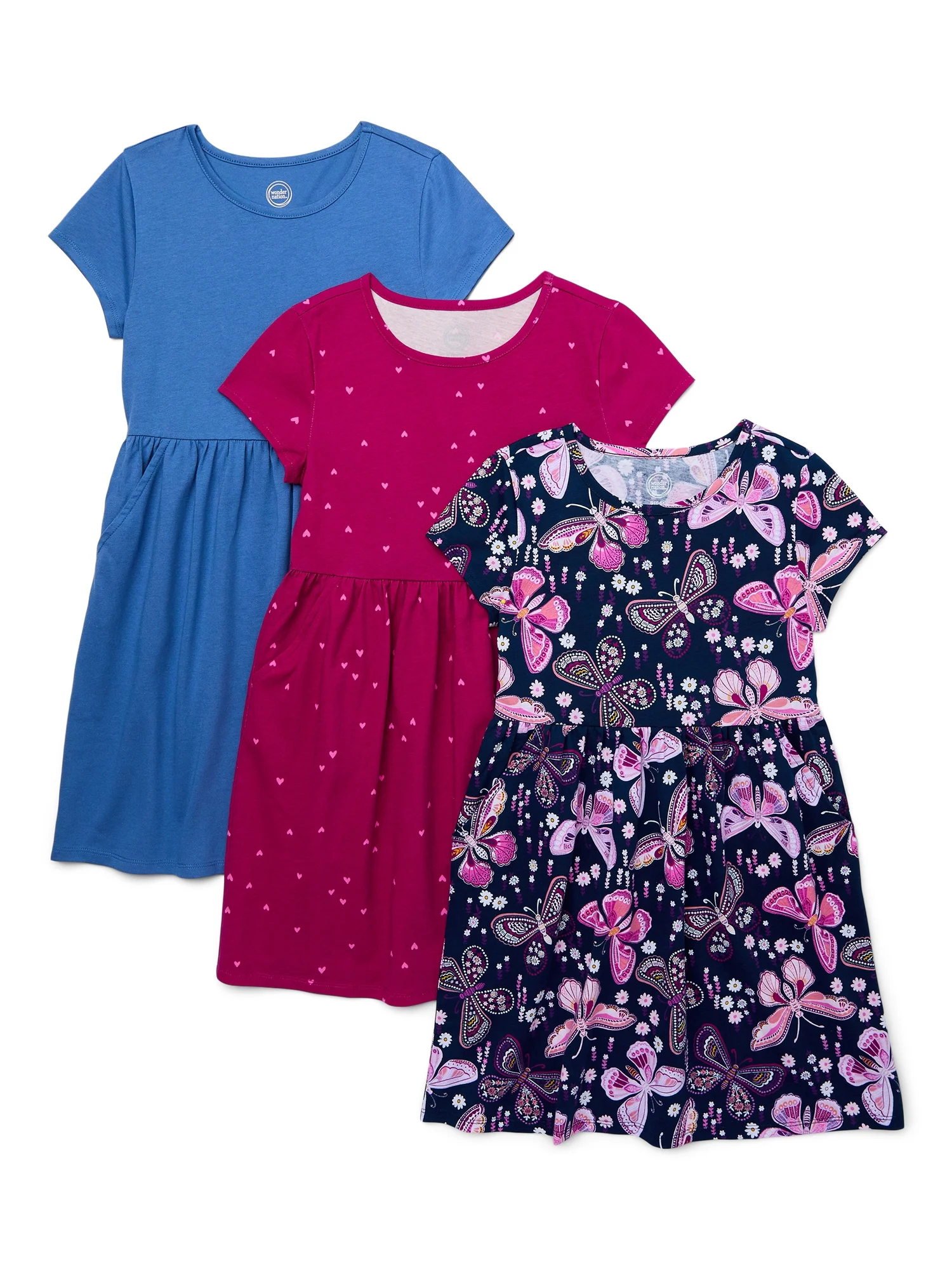 Wonder Nation Girls Short Sleeve Play Dress, 3-Pack, Sizes 4-18 & Plus ...