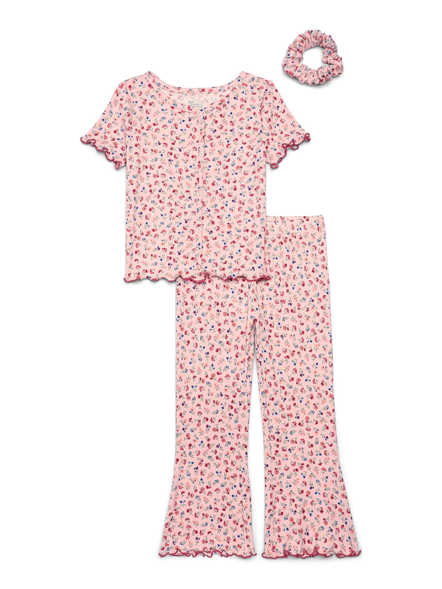 Wonder Nation Girls Short Sleeve Rib Top and Pants Pajama Set with ...