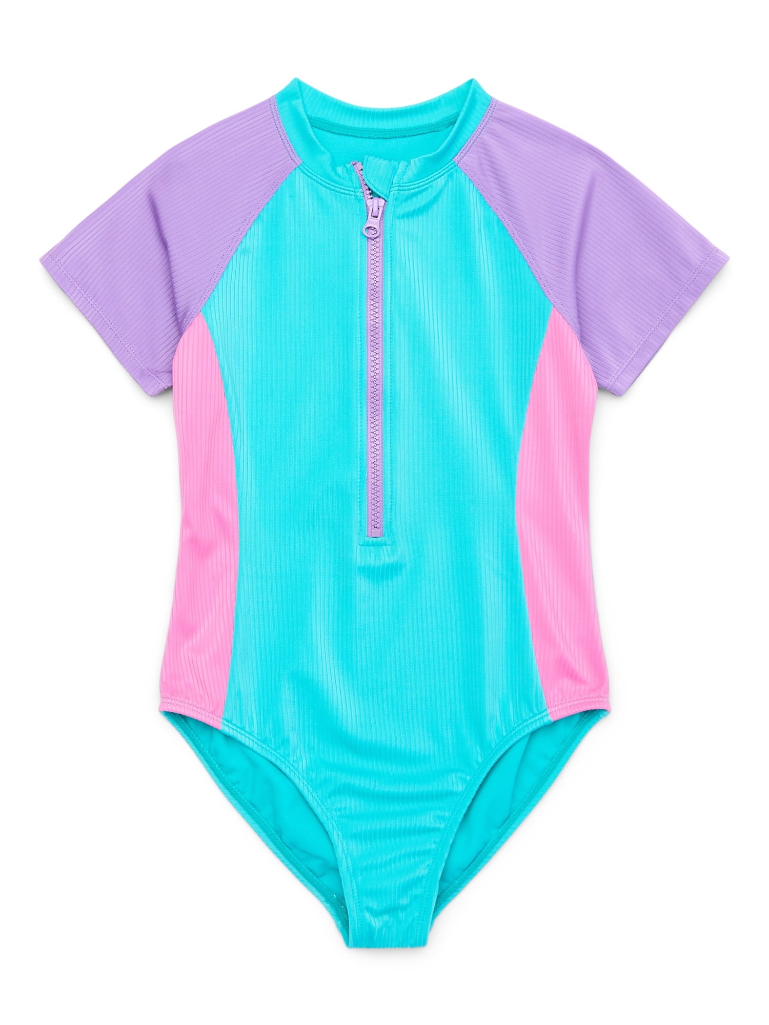 Wonder Nation Girls Colorblock Zip One-Piece Swimsuit with Short ...