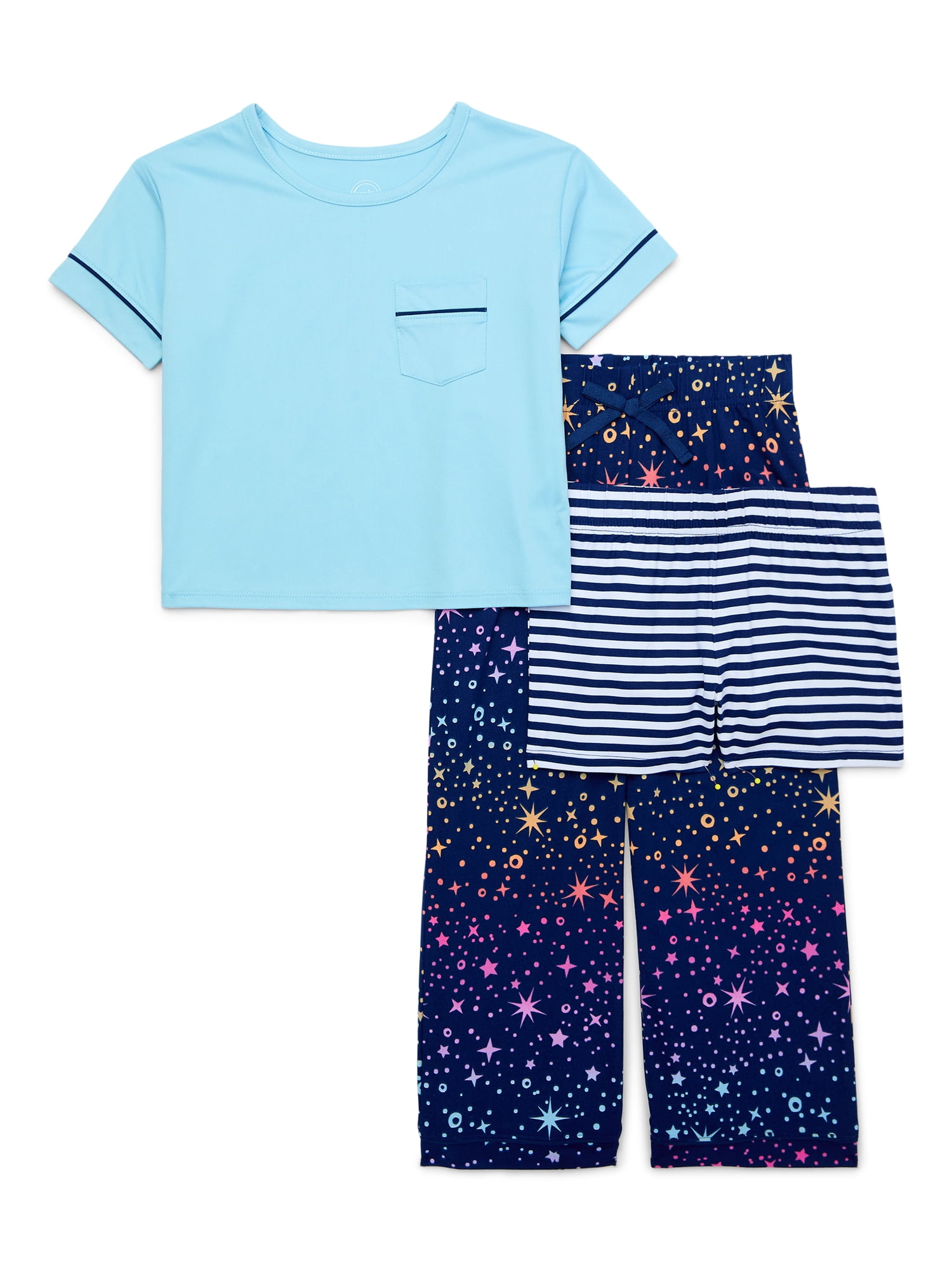 Wonder Nation Girls 3-Piece Pajama Set, Short Sleeve Top, Shorts and ...