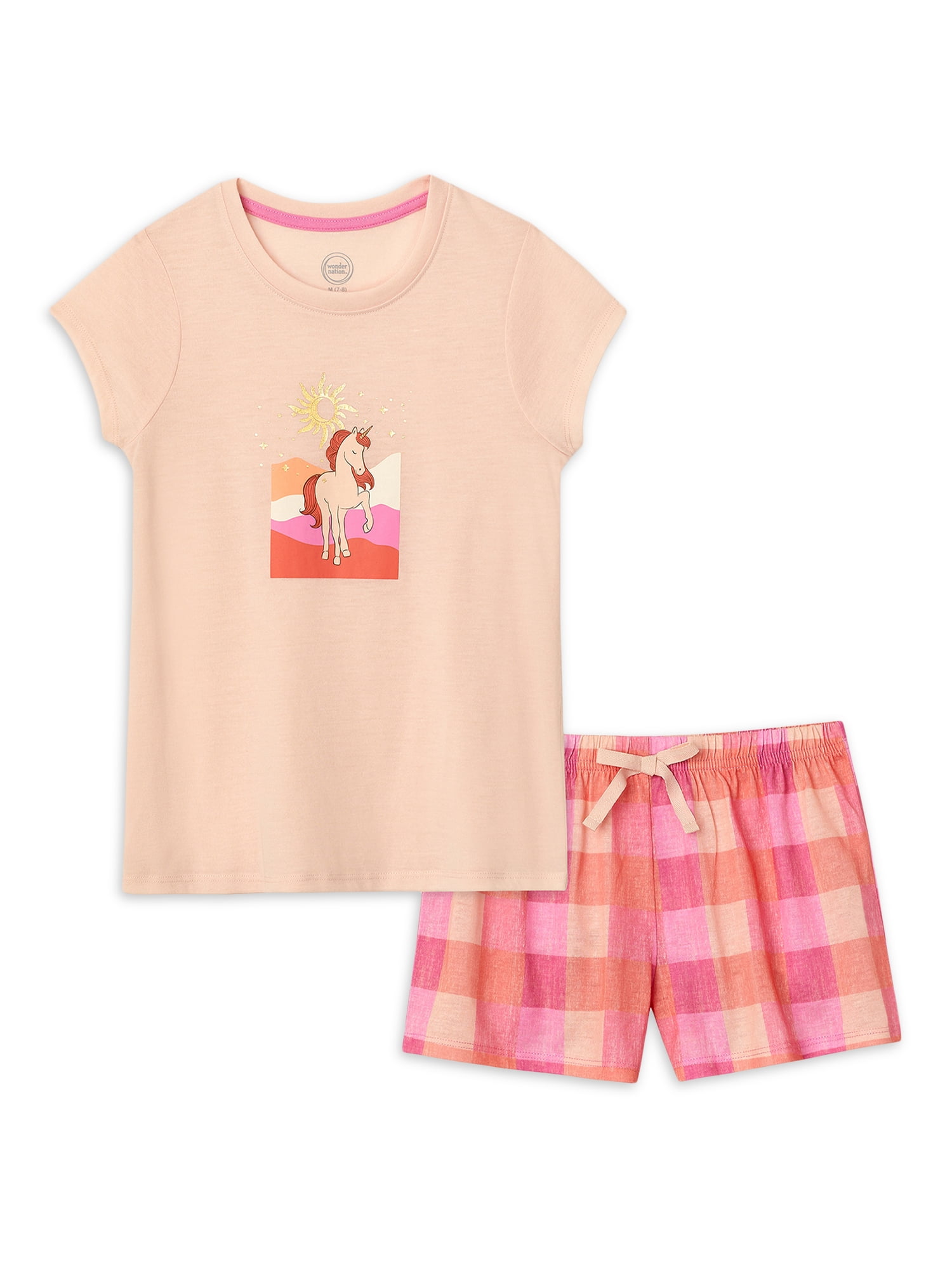 Wonder Nation Girls Short Sleeve Top and Sleep Shorts Pajama Set, 2 ...