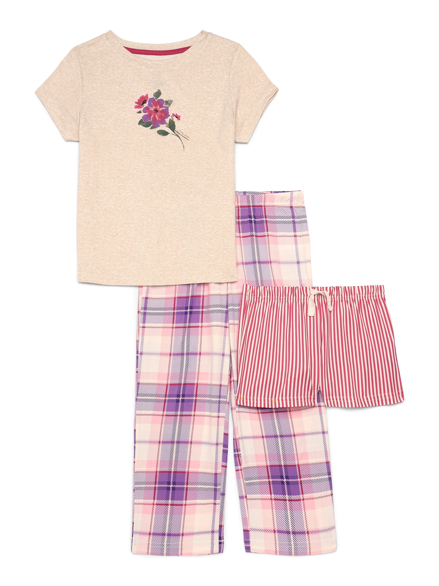 Wonder Nation Girls Short Sleeve Pajama Set with Shorts and Pants, 3 ...