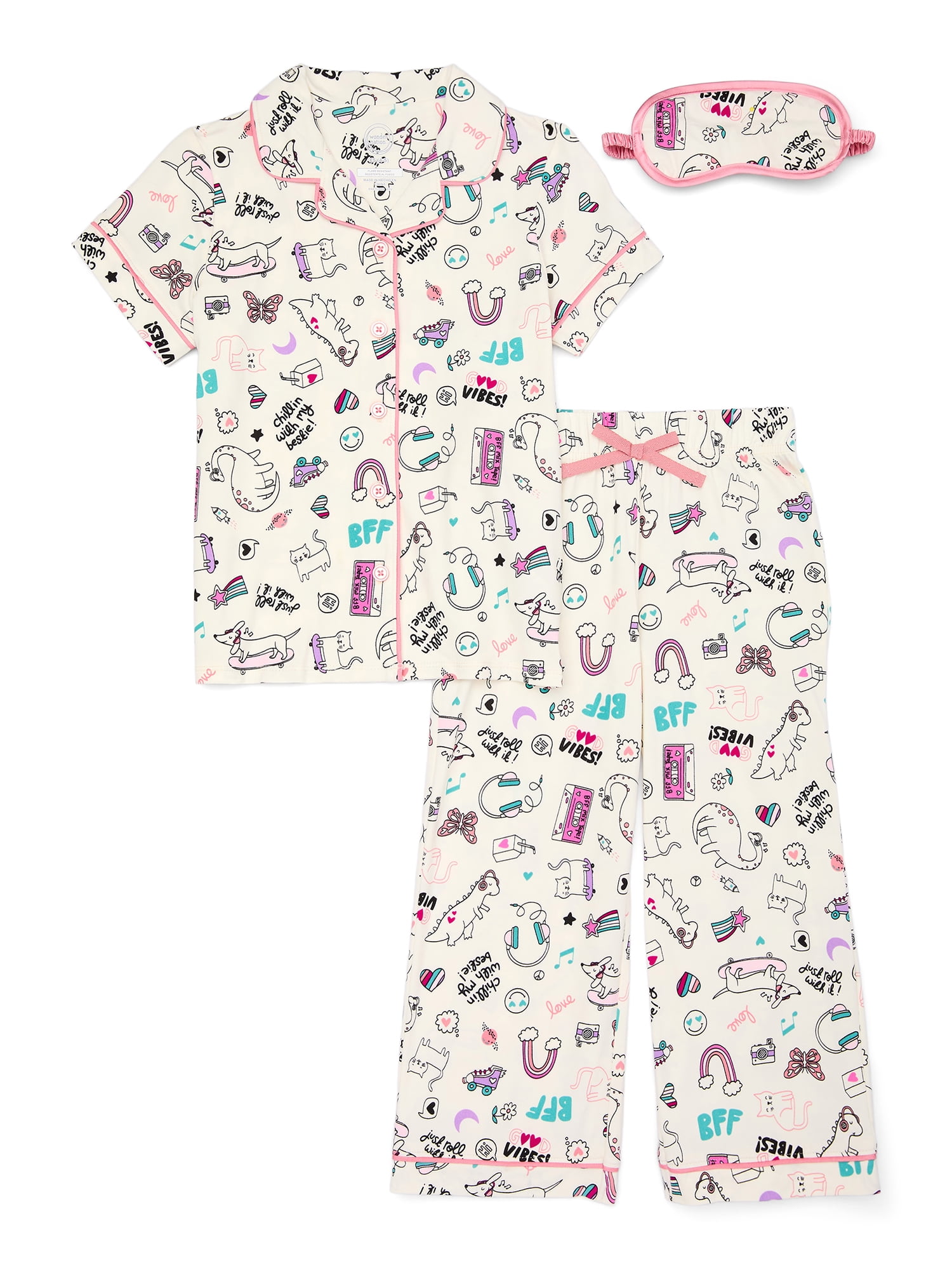 Wonder Nation Girls Sleep Shirt and Pants Set with Eye Mask, 3-Piece ...