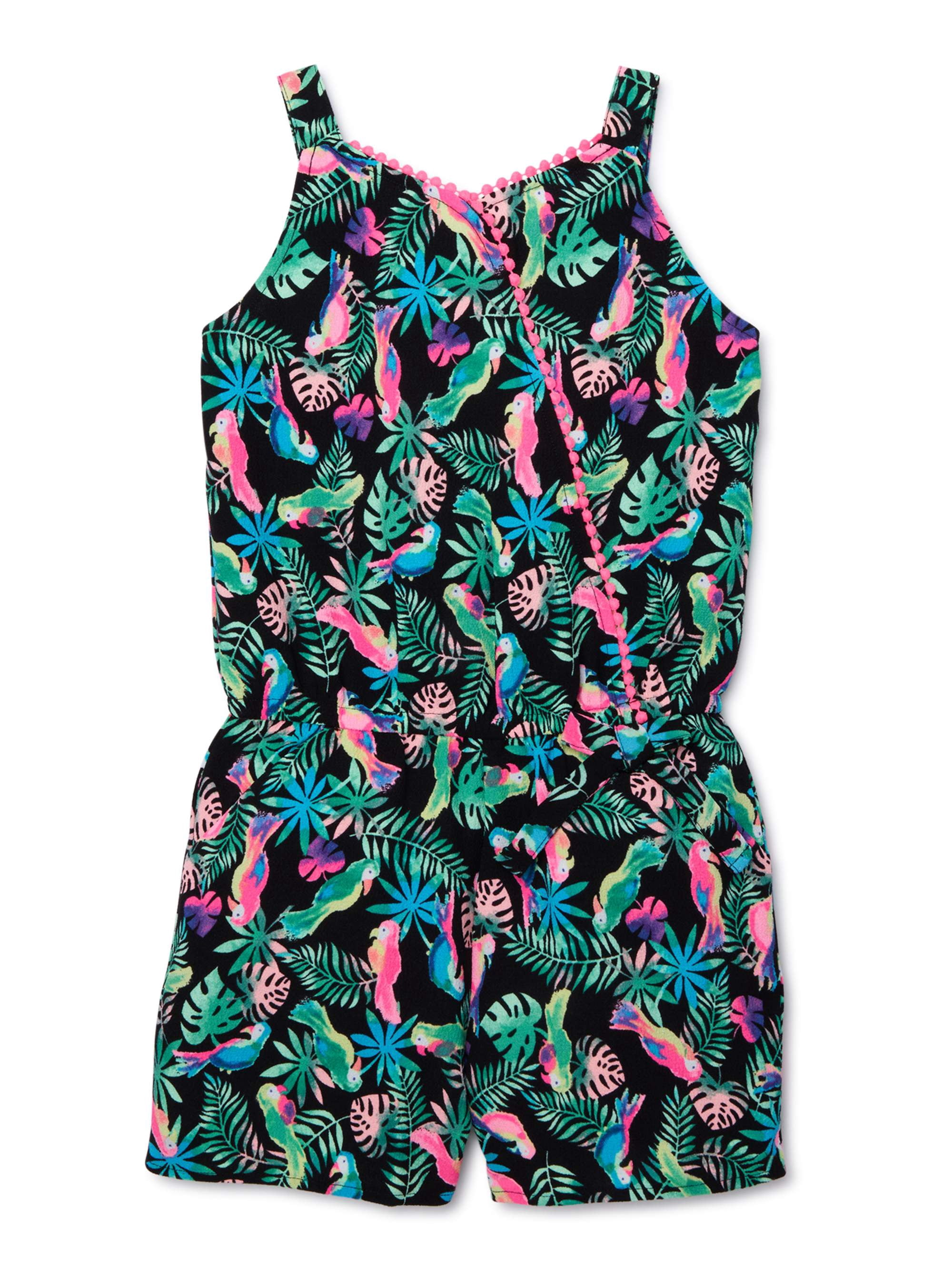 Wonder Nation Girls Sleeveless Tropical Print Tie-Front Romper, Sizes 4 ...