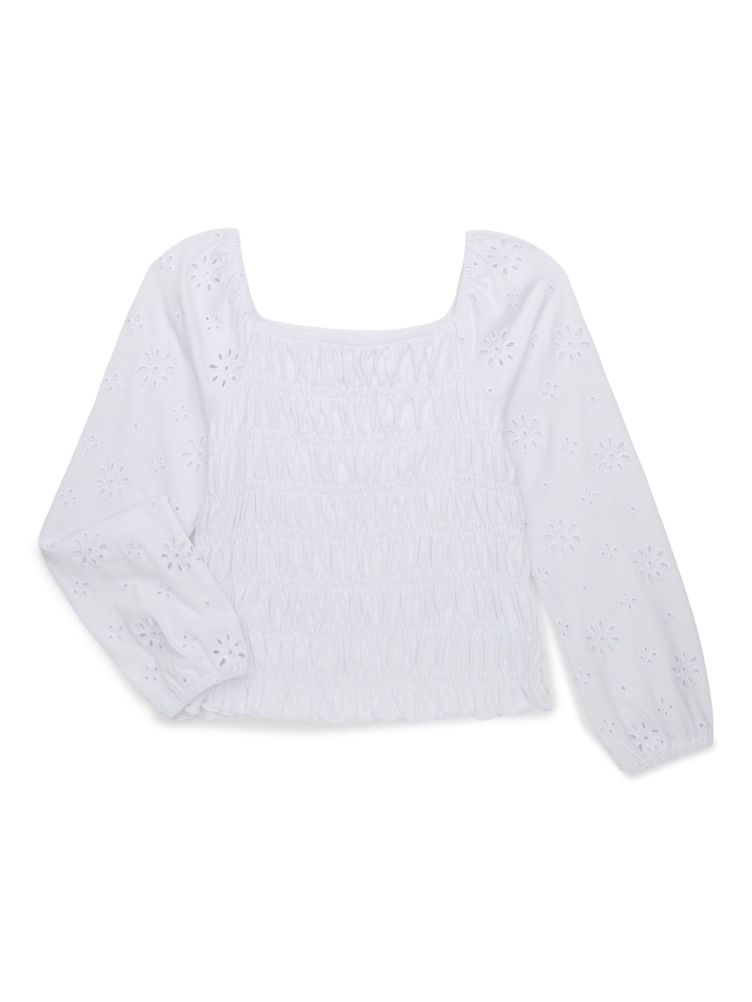 Wonder Nation Girls Smocked Eyelet Top with Long-Sleeves Wonder Nation Girls Smocked Eyelet Top with Long-Sleeves