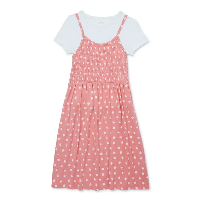 Wonder Nation Girls’ Smocked Slip Dress and Tee, 2-Piece Set, Sizes 4 ...