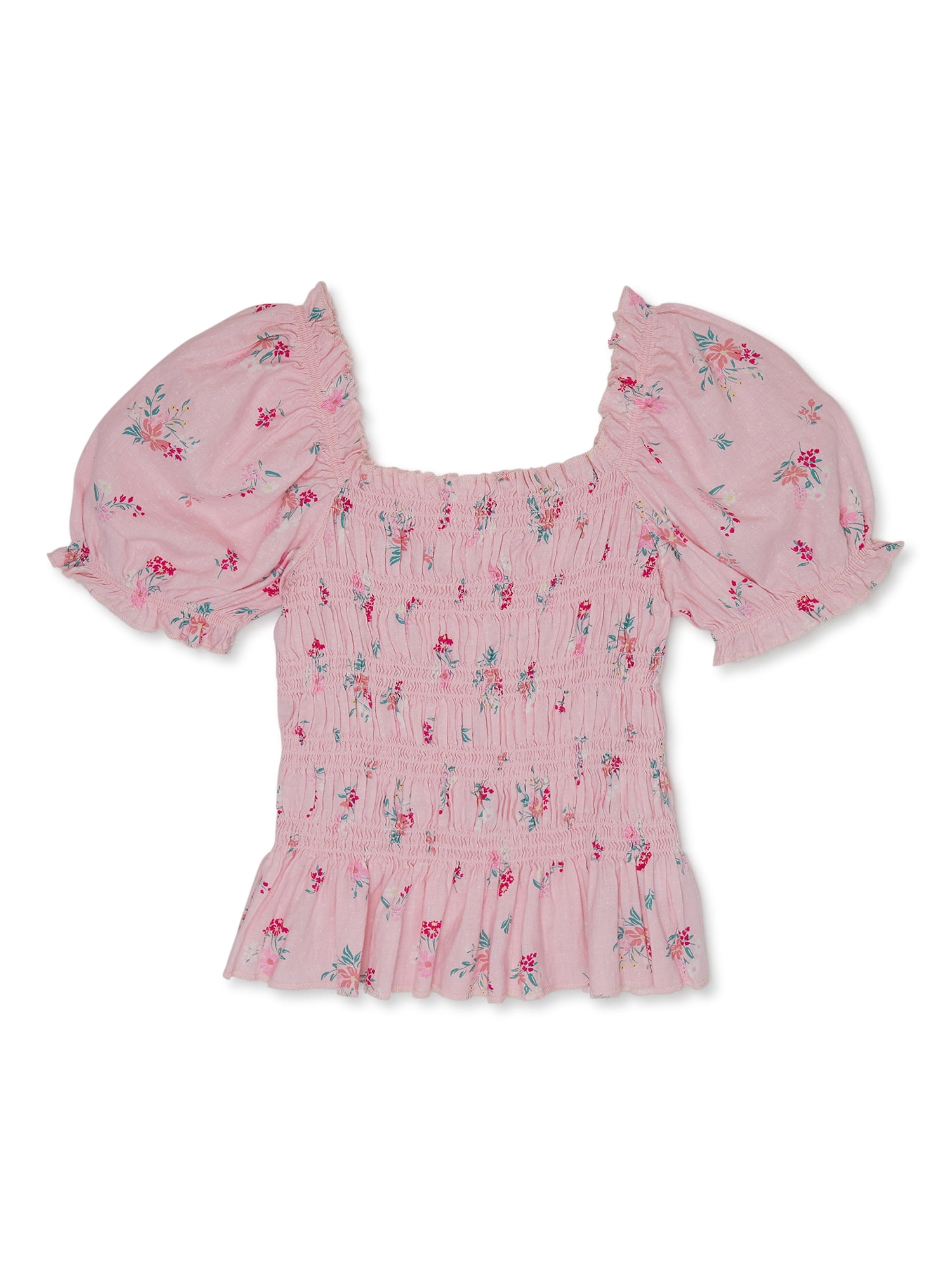 Wonder Nation Girls Smocked Top with Puff Sleeves, Sizes 4-18 & Plus ...