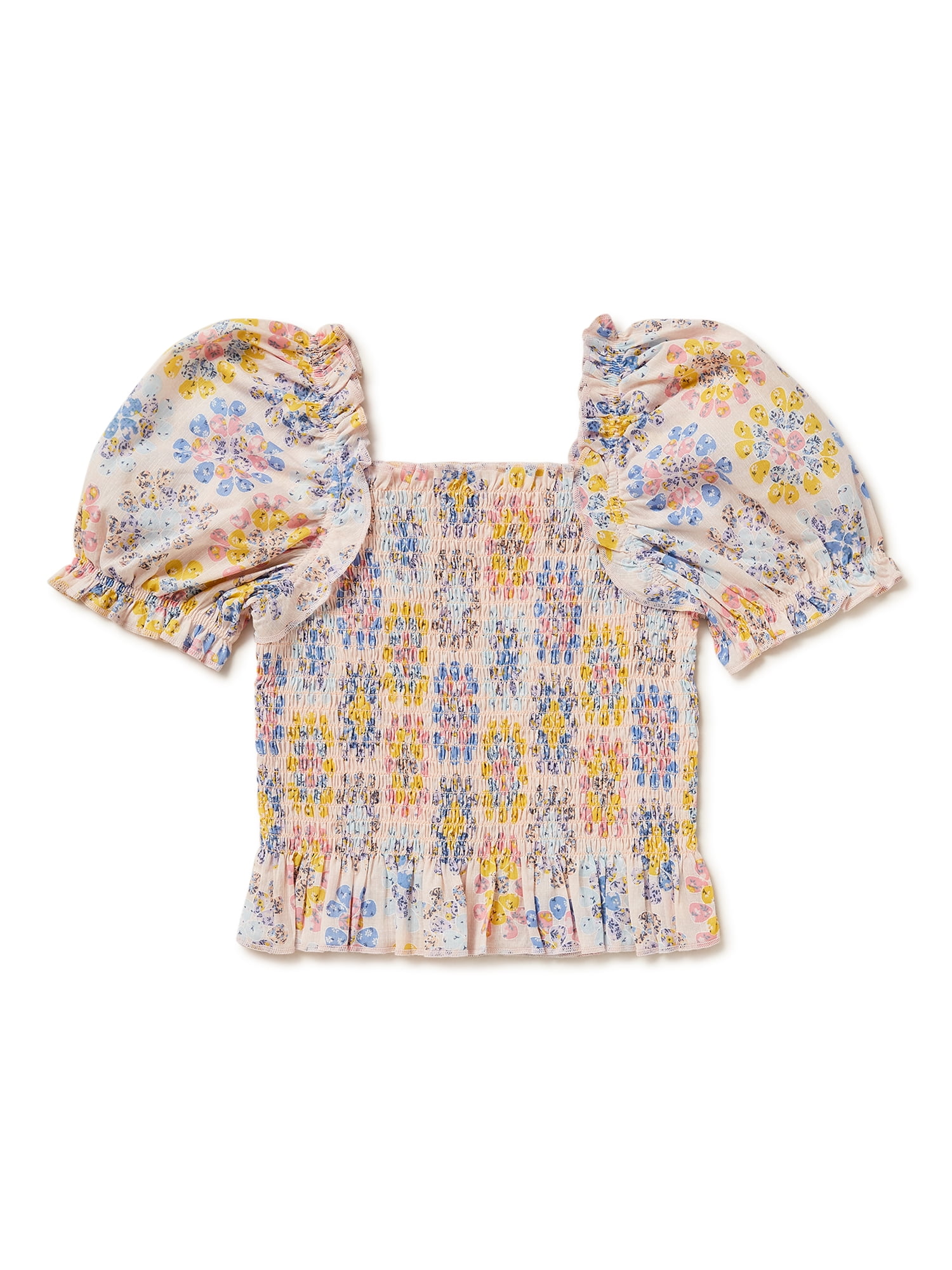 Wonder Nation Girls Smocked Top with Short Sleeves, Sizes 4-18 & Plus ...