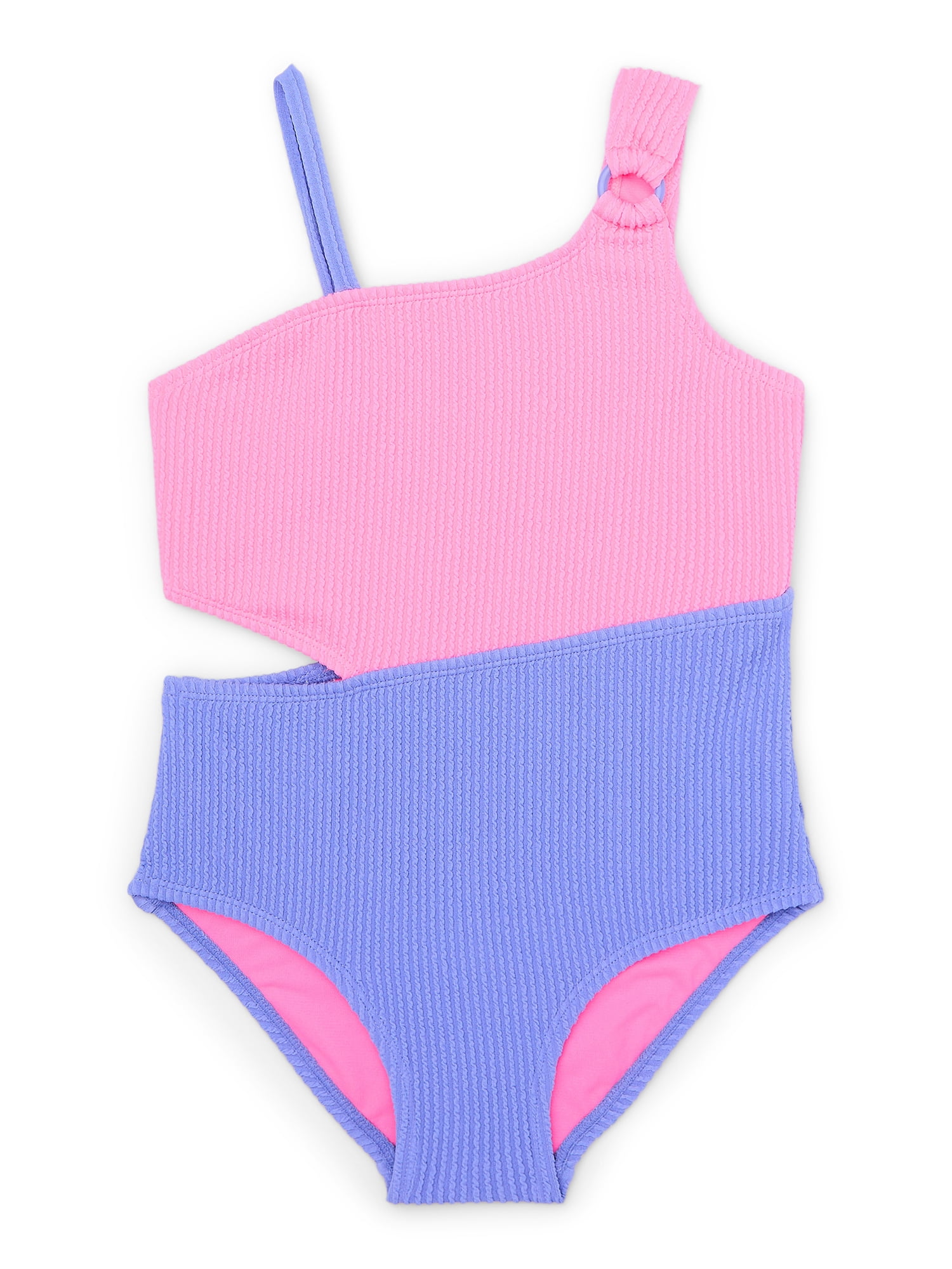 Wonder Nation Girls Textured One Shoulder Swimsuit with Cut-Out, UPF50 ...